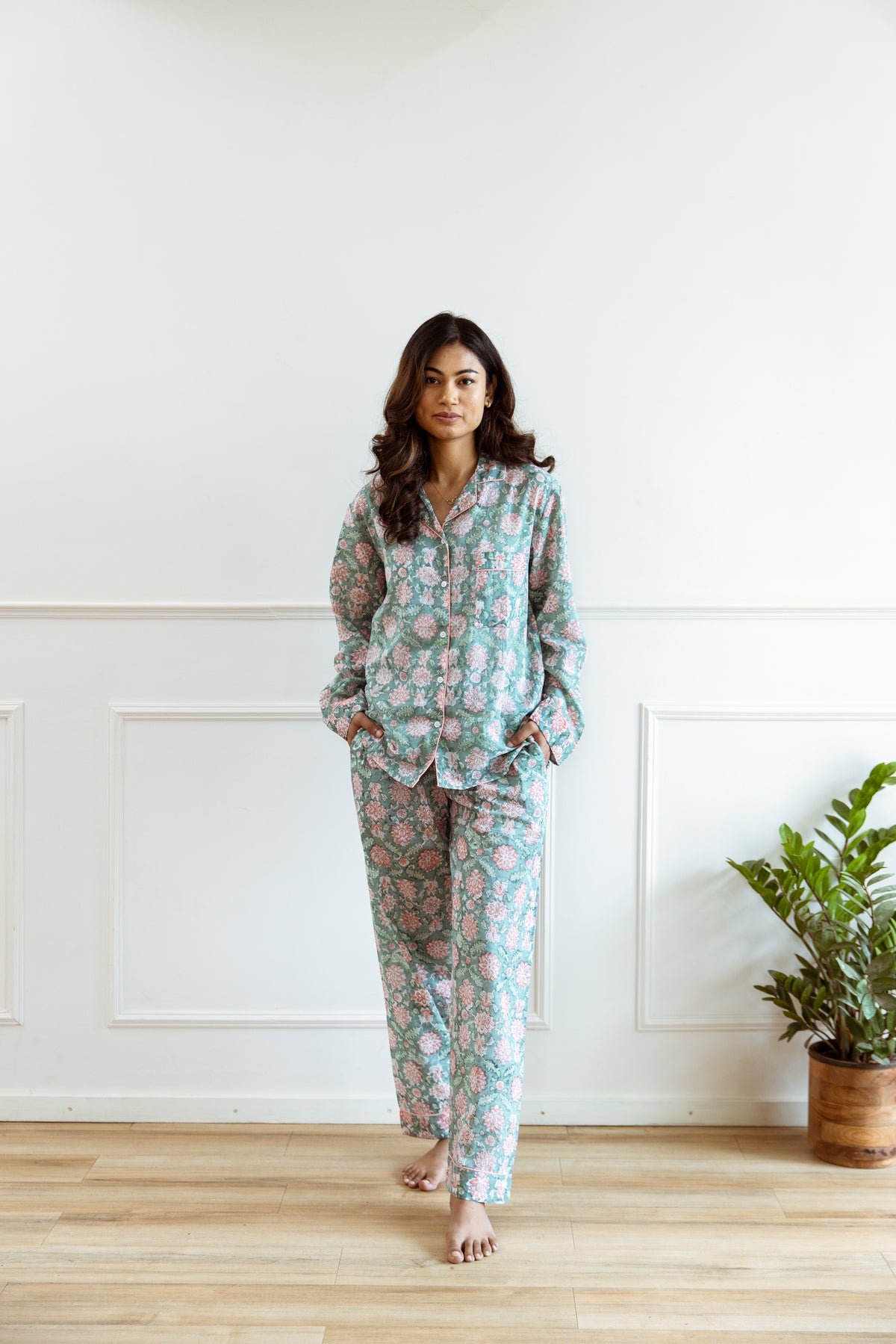 Long PJ Set - Aqua Green Floral Print– HappyCabbageLondon