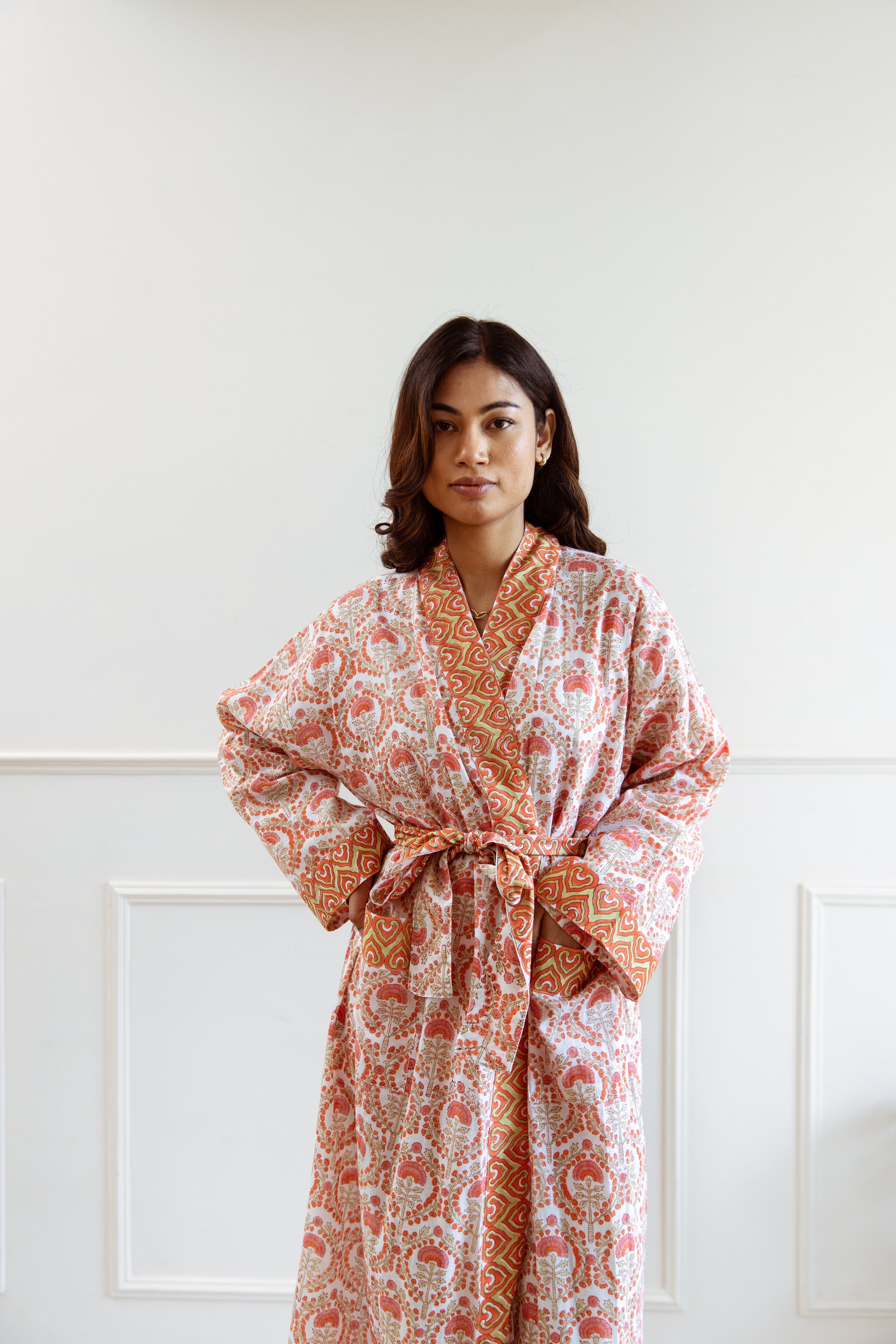 SALE Long Cotton Robe - Pretty Pink Floral Print– HappyCabbageLondon