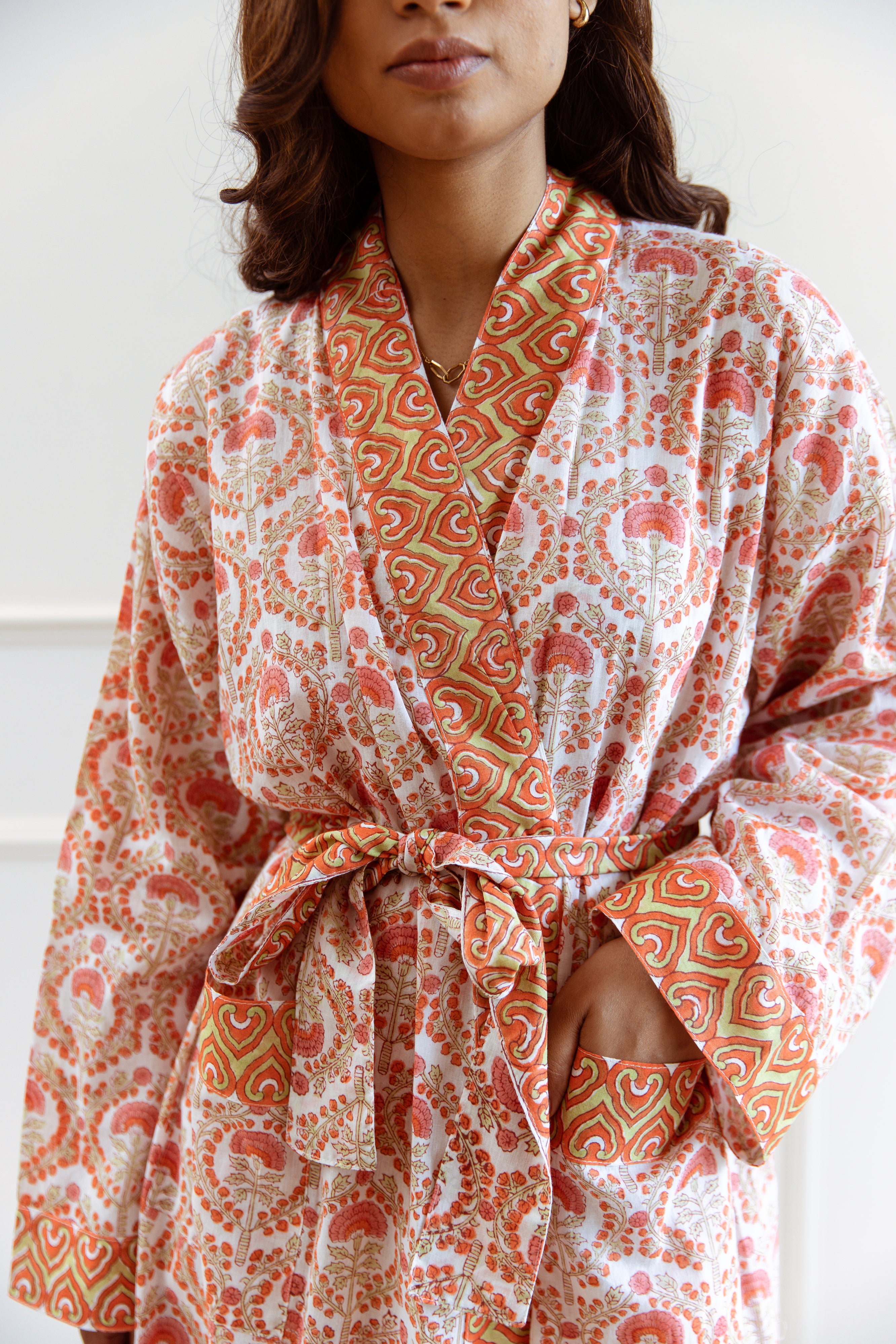 SALE Long Cotton Robe - Pretty Pink Floral Print– HappyCabbageLondon
