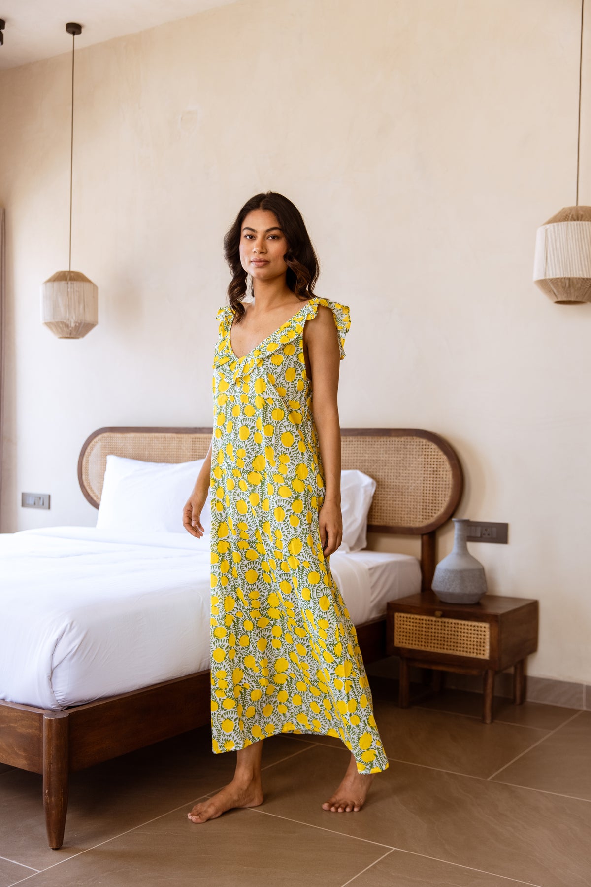 Block Print Cotton Nightdress - Lemon Print– HappyCabbageLondon
