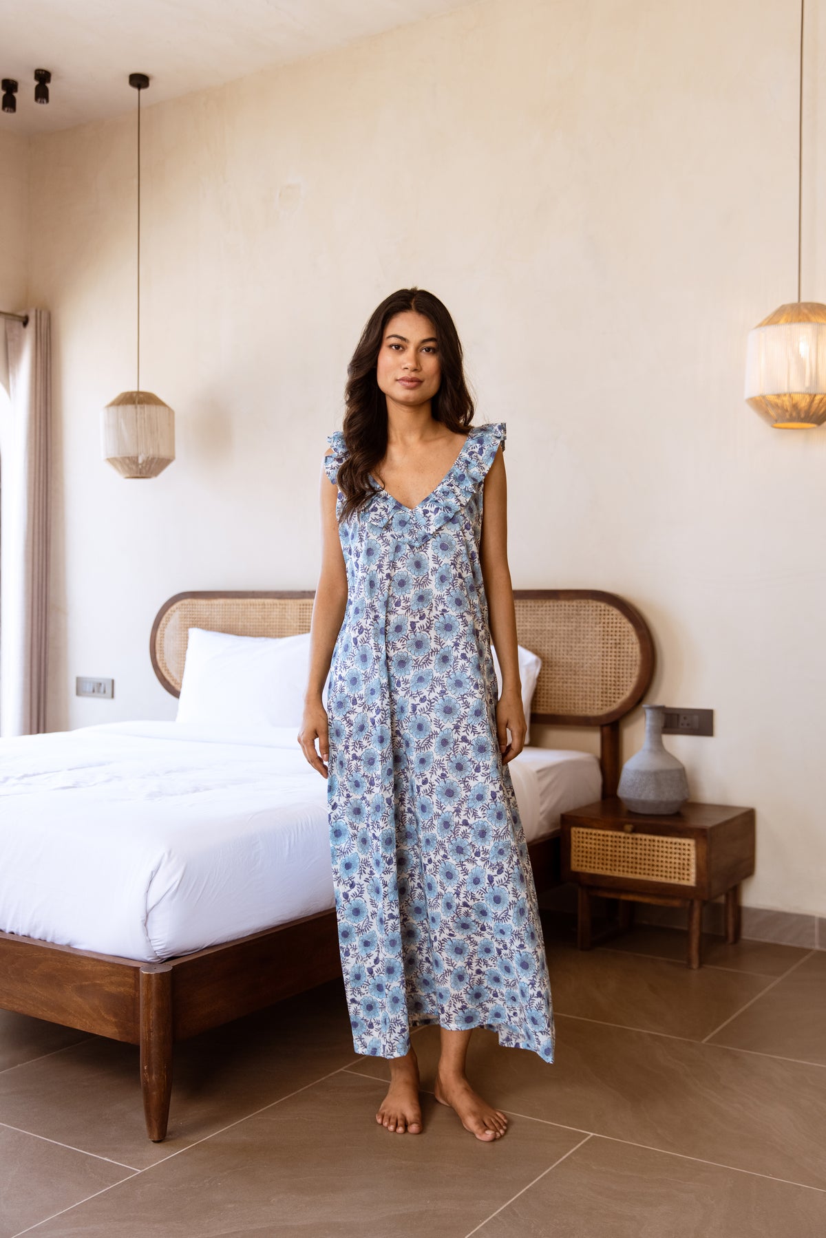 Block Print Cotton Nightdress - Blue Daisy Print– HappyCabbageLondon