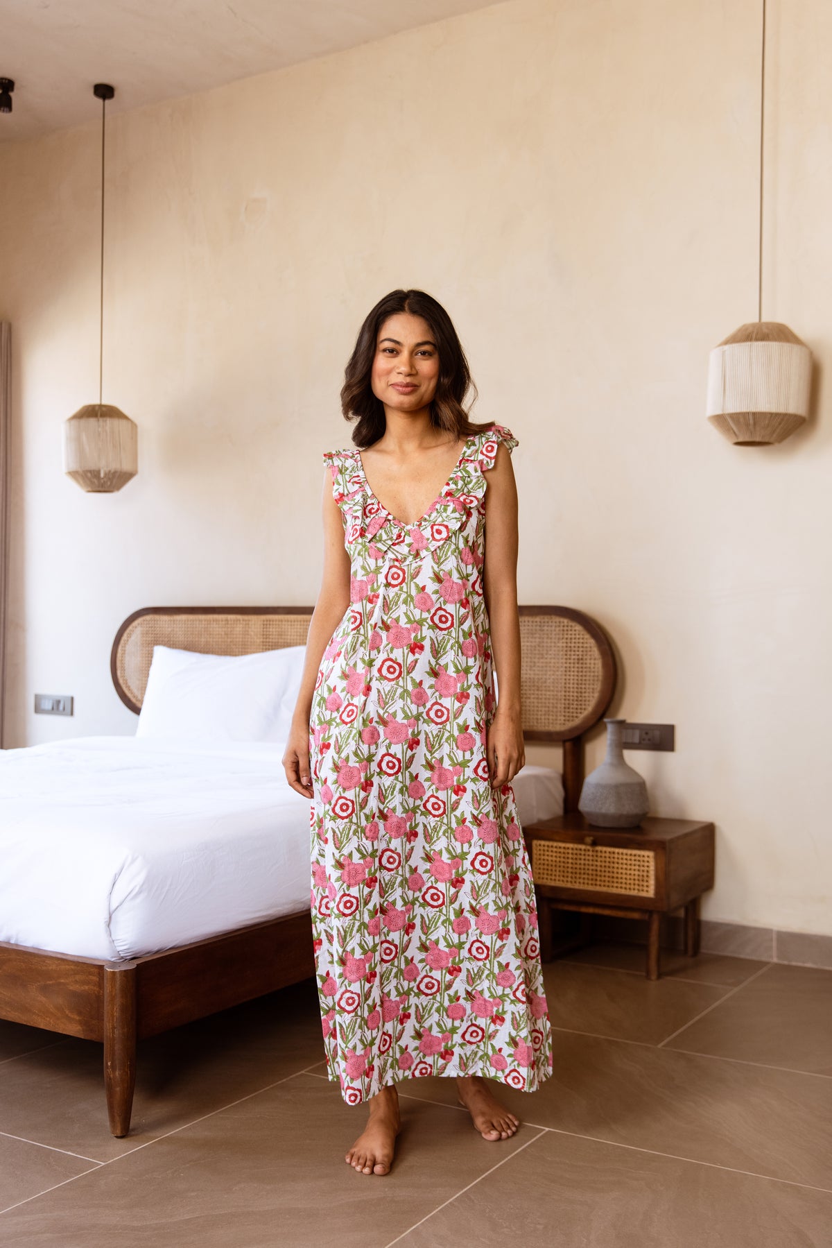 Block Print Cotton Nightdress - Pink Floral Print– HappyCabbageLondon
