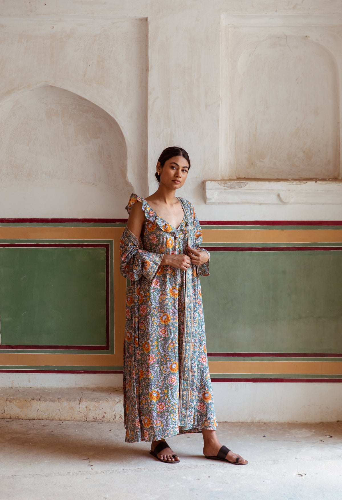 Block Print Cotton Nightdress - Green & Ginger Floral Print ...