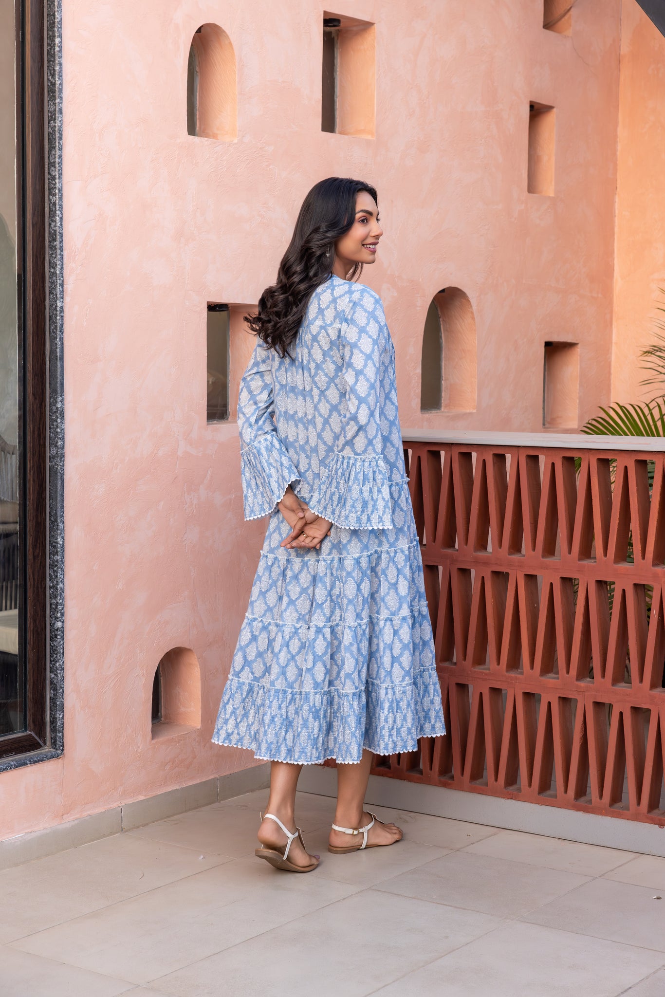 The Veda - Midi Cotton Block Print Dress - Sky Blue Buti ...
