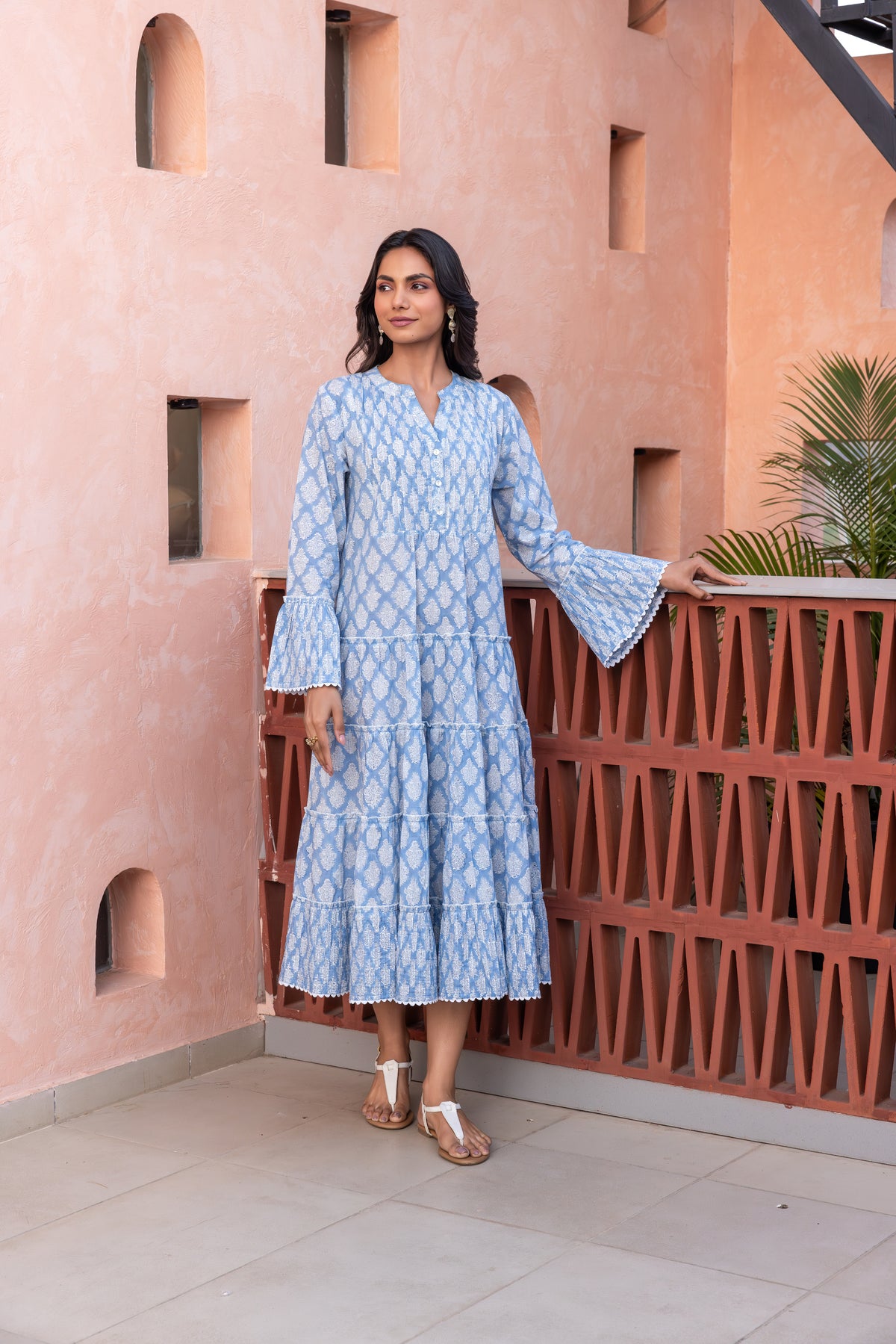 The Veda - Midi Cotton Block Print Dress - Sky Blue Buti ...