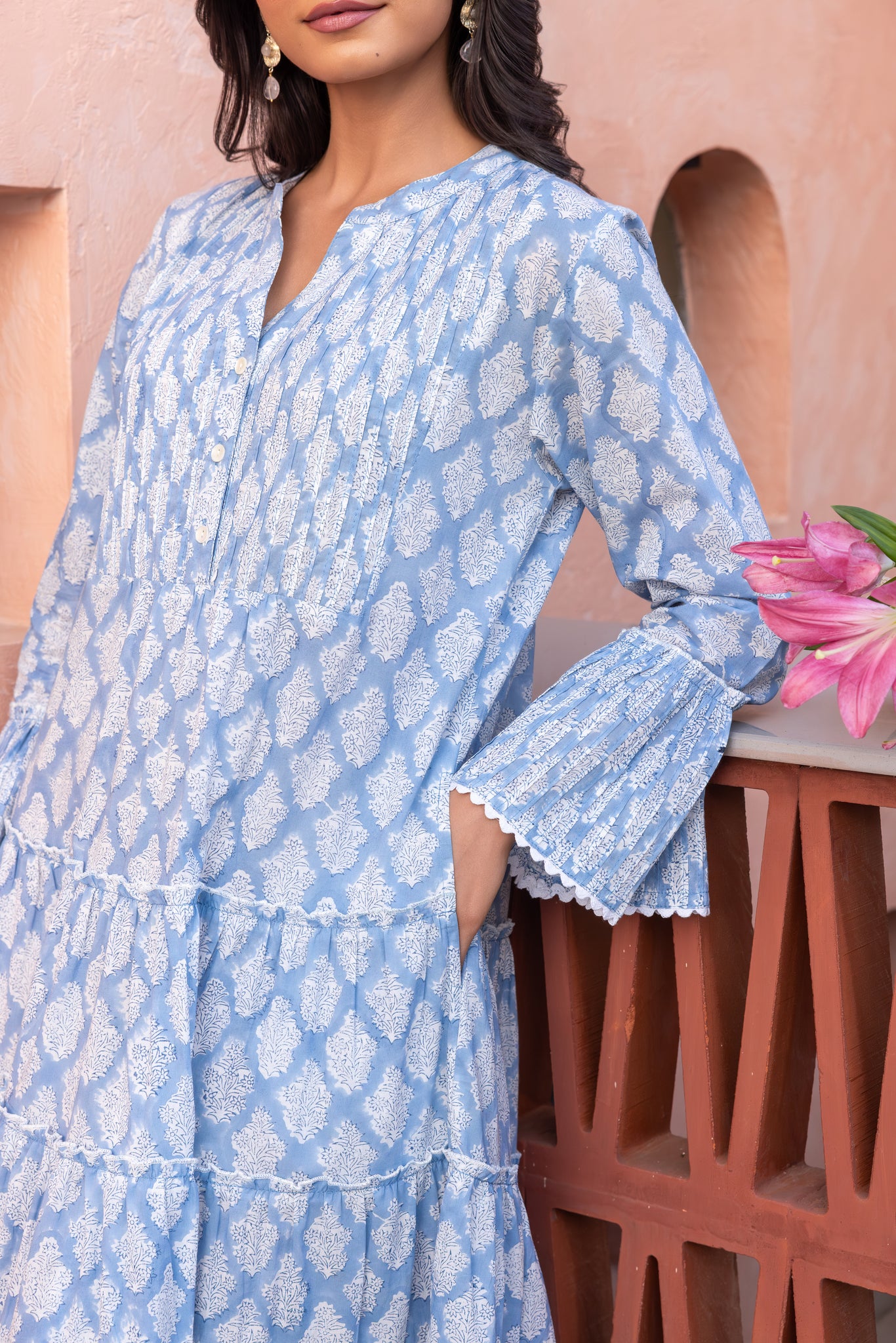 The Veda - Midi Cotton Block Print Dress - Sky Blue Buti ...