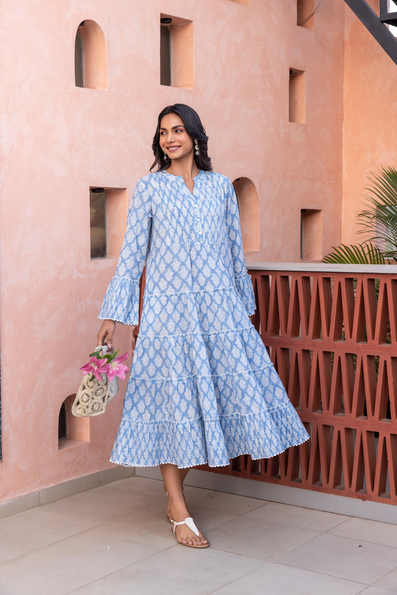 The Veda - Midi Cotton Block Print Dress - Sky Blue Buti ...