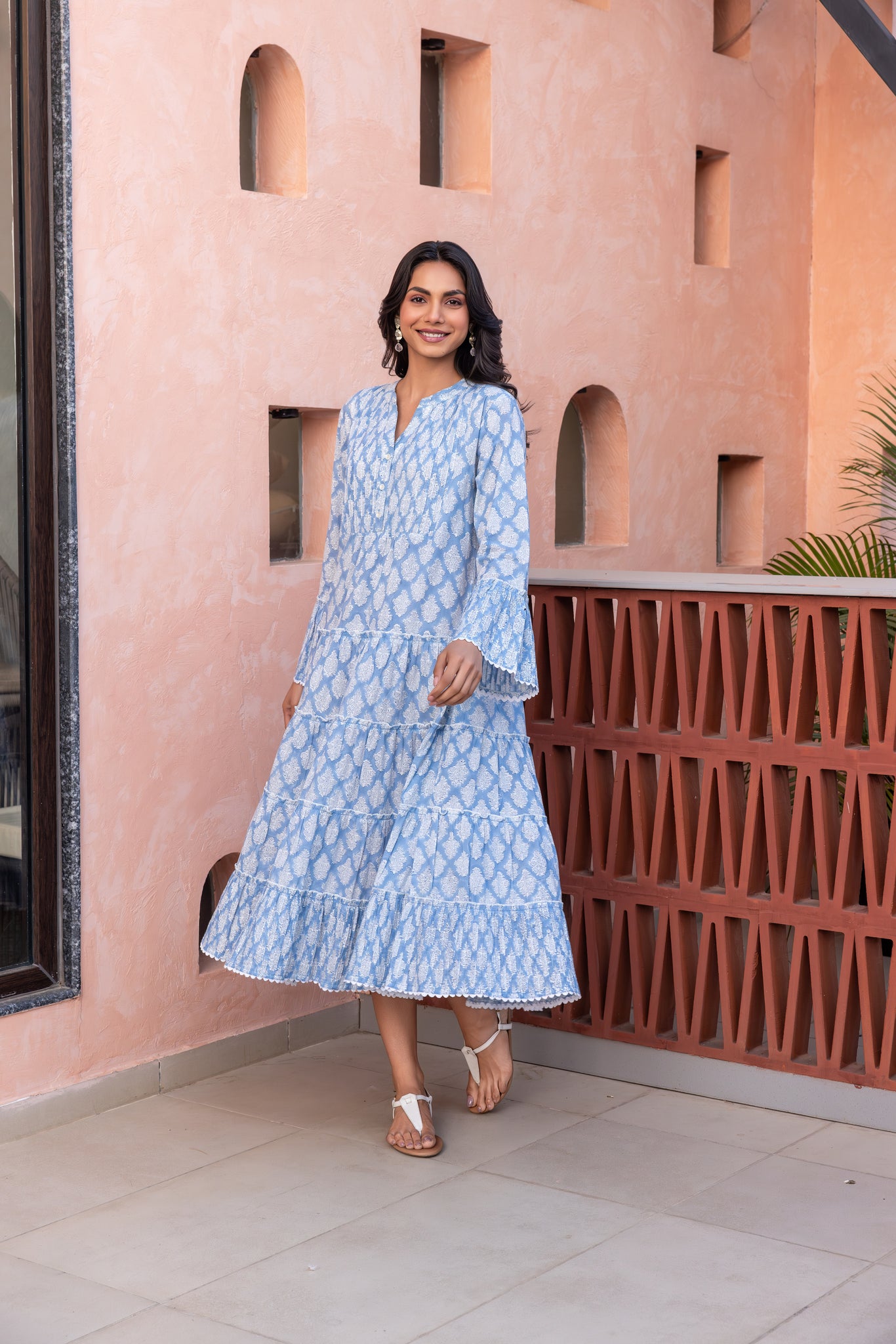 The Veda - Midi Cotton Block Print Dress - Sky Blue Buti ...
