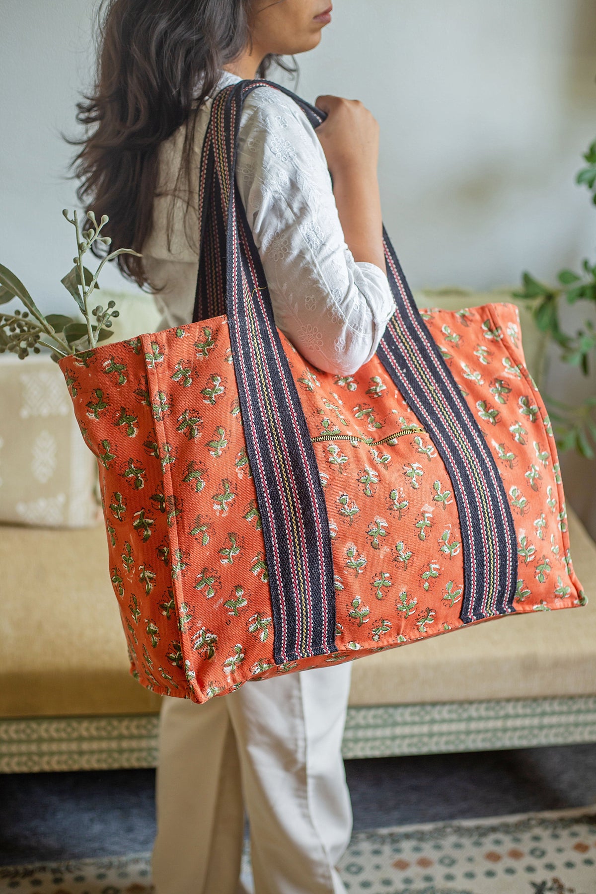 SALE Block Print Cotton Tote Bag - Burnt Orange– HappyCabbageLondon