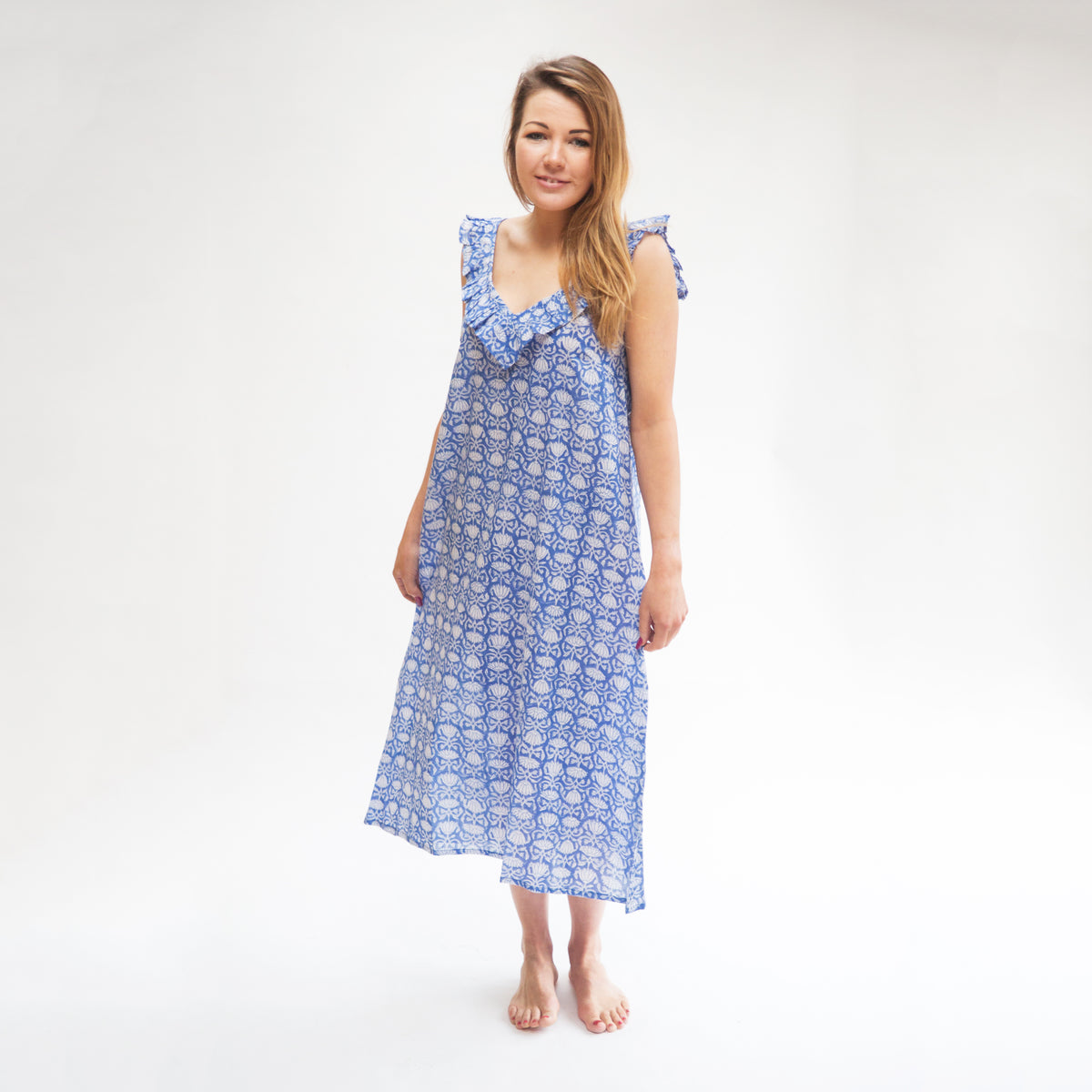 Block Print Cotton Nightdress - Blue & White– HappyCabbageLondon