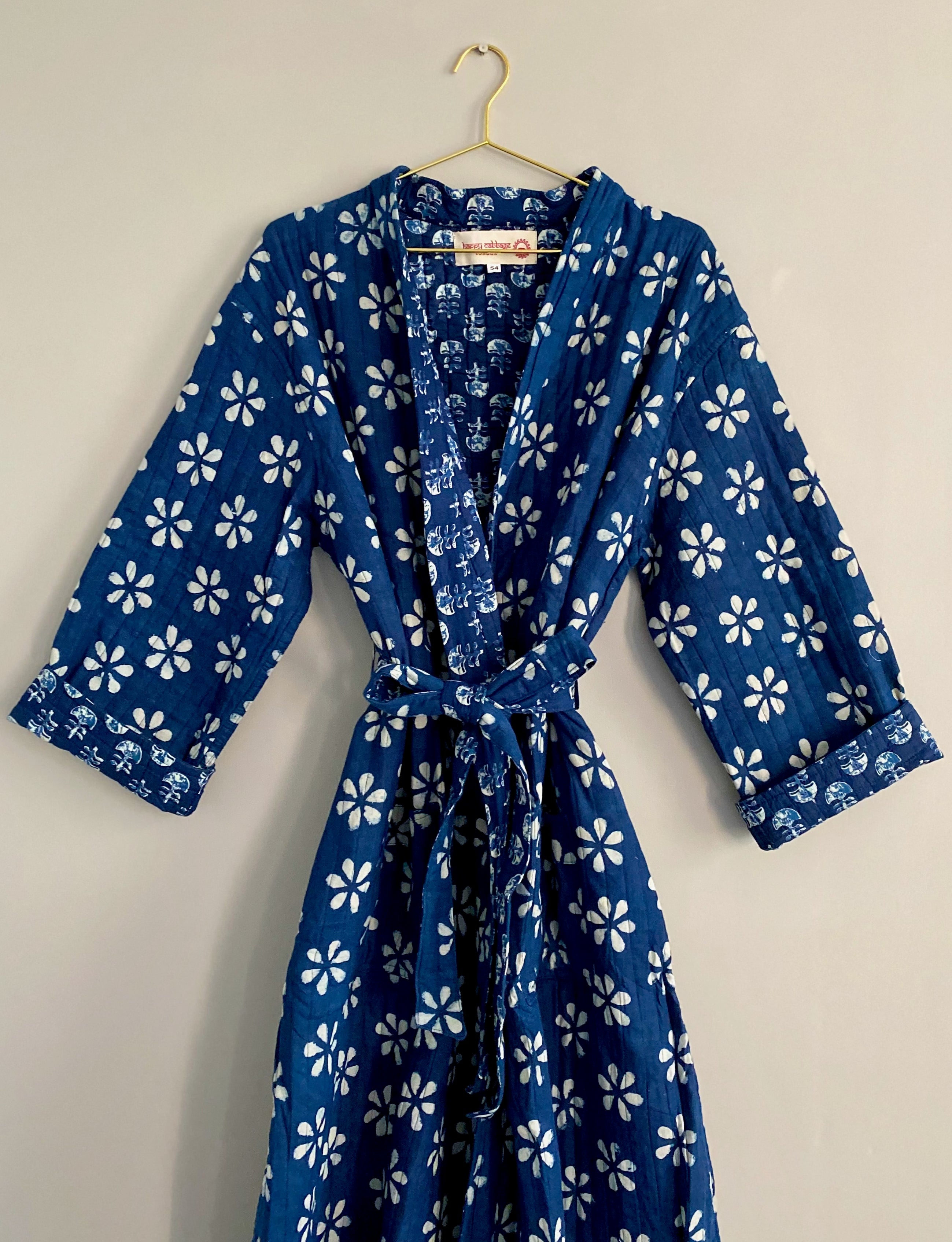 Unisex Quilted Hand Block Print Robe - Indigo– HappyCabbageLondon